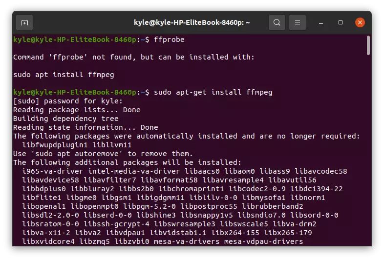 ffprobe Linux komandos naudojimo pavyzdys