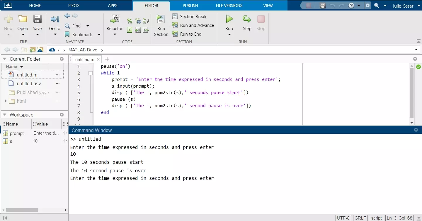 функцыя паўзы ў MatLab 11627_1