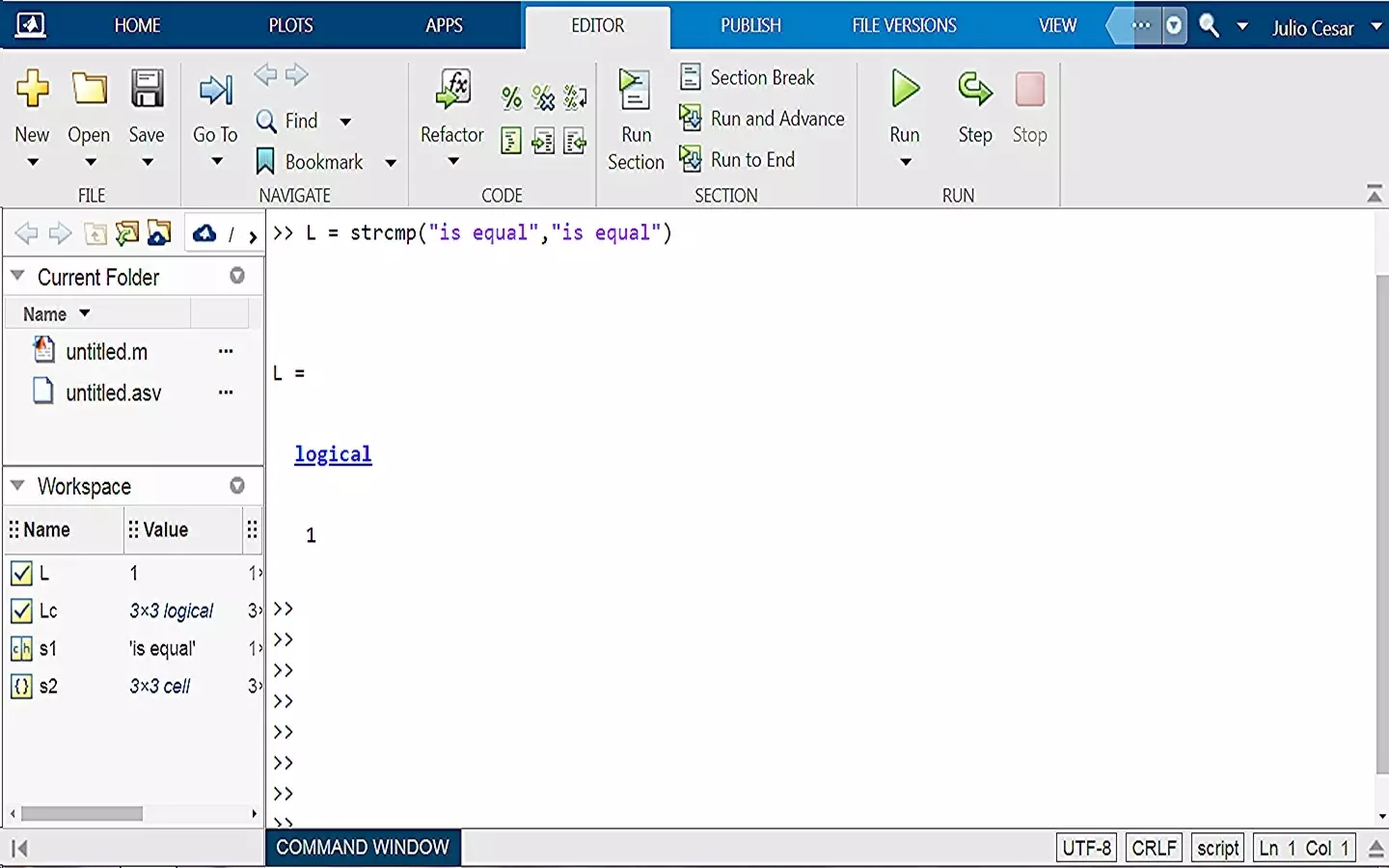 MatLab'da Strcmp işlevi 11628_1