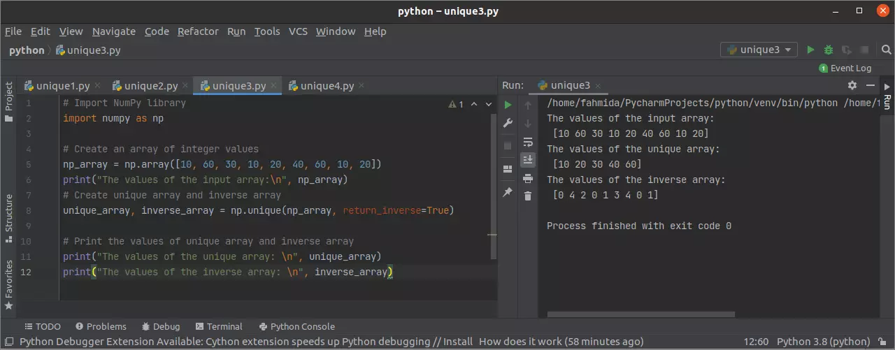 Comment utiliser la fonction Python NumPy unique() 12291_3