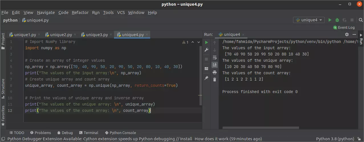 Hvordan bruke Python NumPy unike() funksjon 12291_4