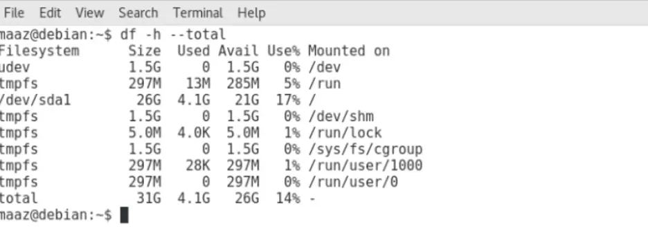 Kouman pou mwen tcheke espas disk nan Debian-LinuxHint 1265_3