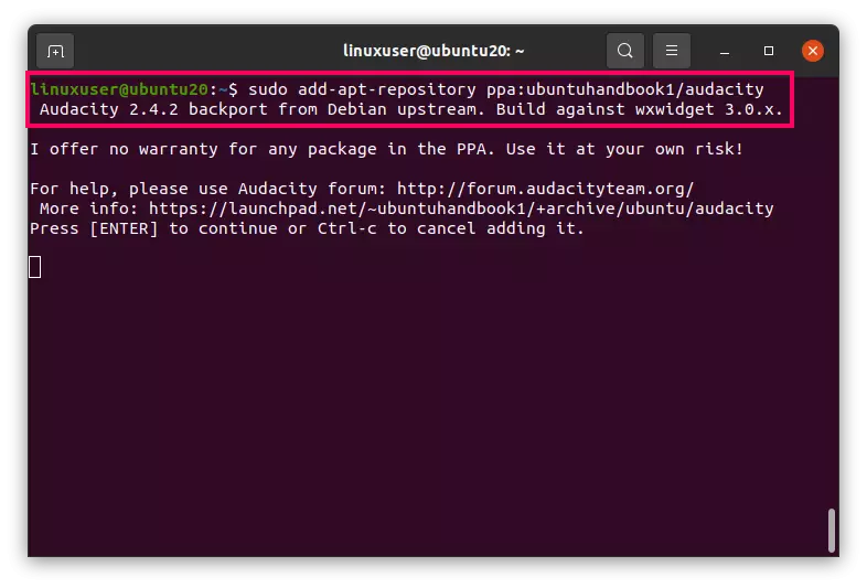 Fi Olootu Audio Audacity sori ẹrọ ni Ubuntu 20.04