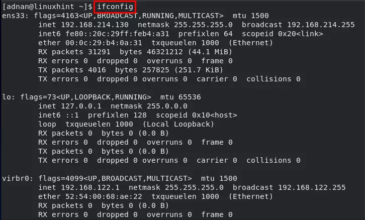 Giunsa pagsusi ang status sa interface sa network sa CentOS8 190_1