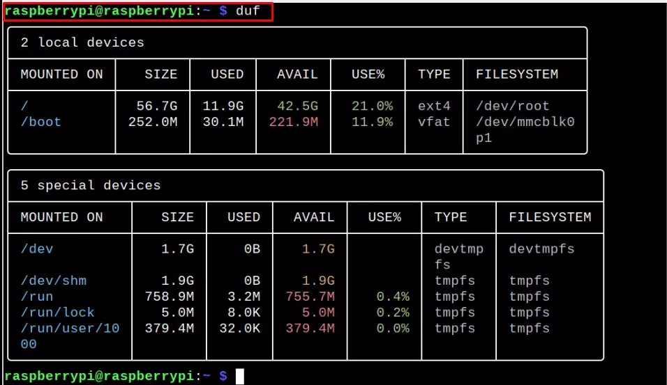 כיצד לקבל מידע על דיסק על Raspberry Pi באמצעות כלי השירות duf 2064_4