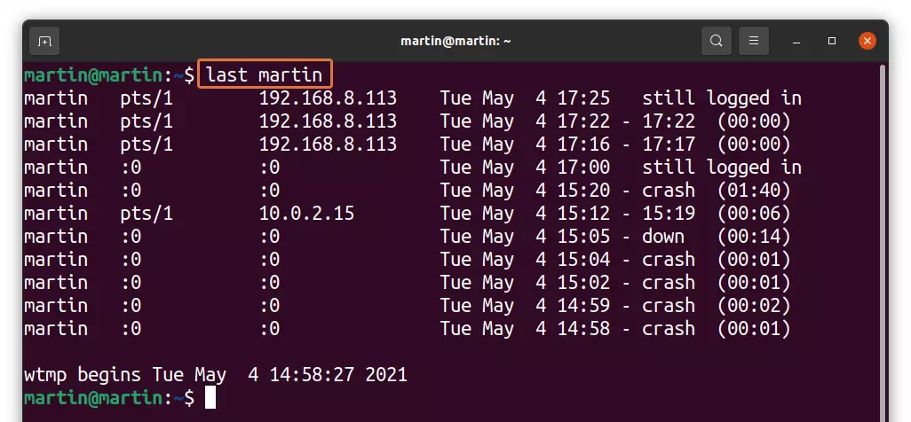 Как да проверя хронологията на потребителските влизания в Linux? 2168_2