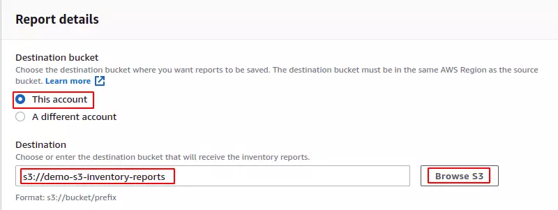 Come creare la configurazione dell'inventario nel bucket S3 2458_6