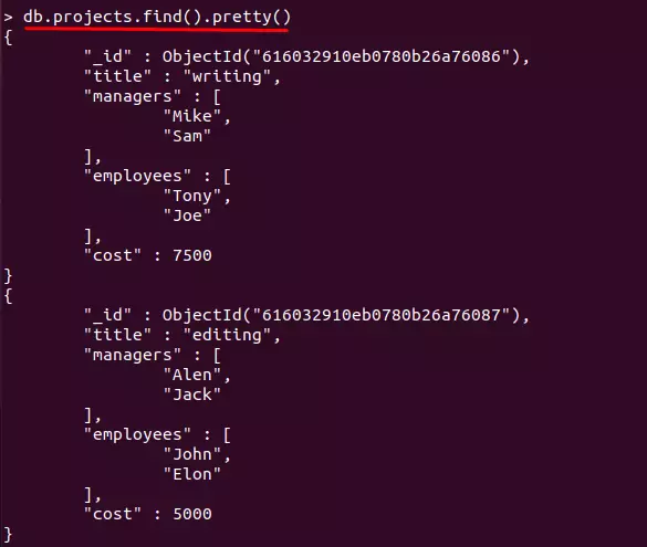 Giunsa paggamit ang $all operator sa MongoDB 6058_1