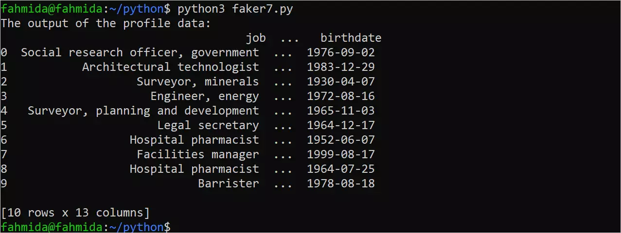 Ako používať Python Faker na generovanie fiktívnych údajov 6333_7