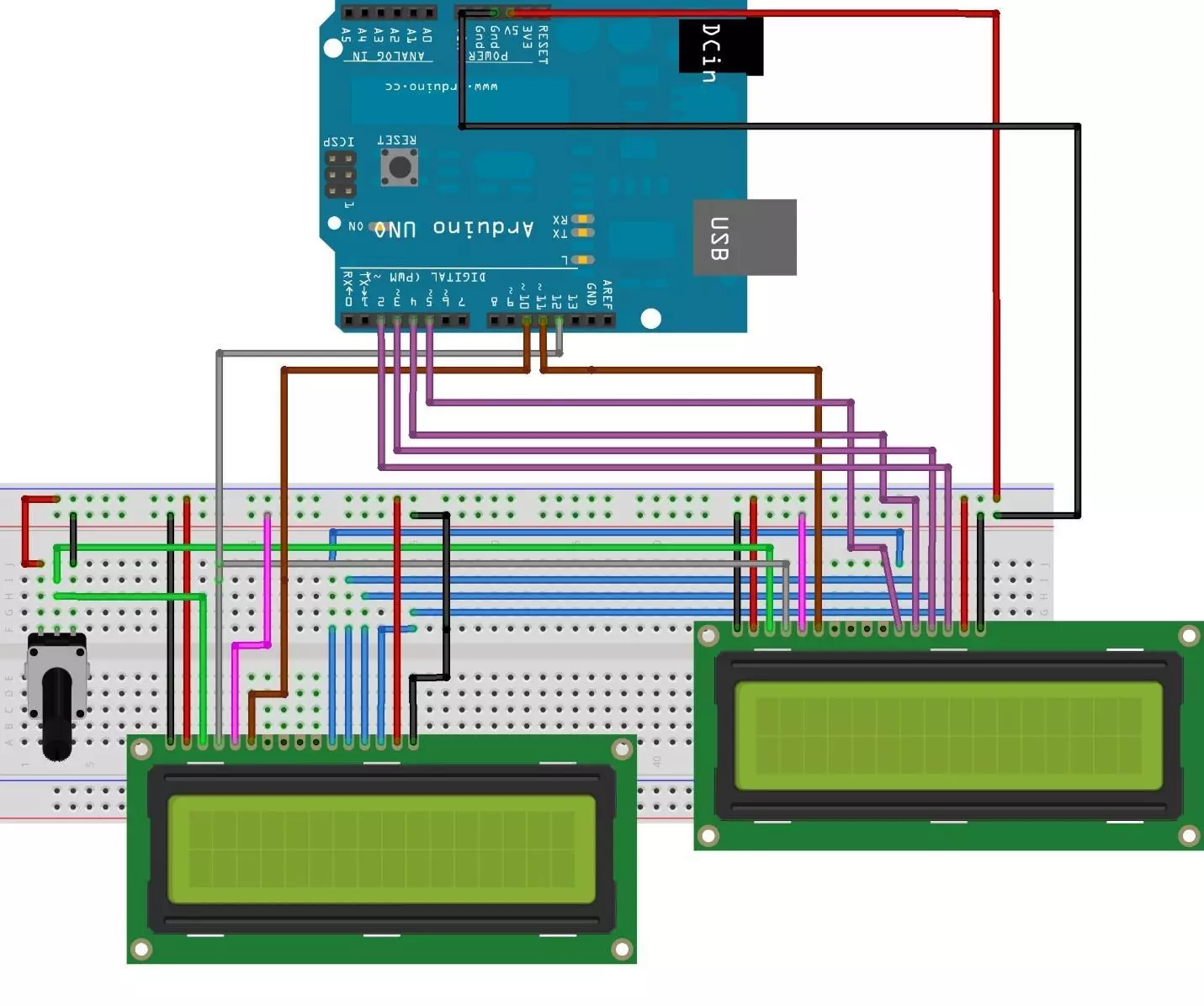 Πώς μπορώ να συνδέσω δύο οθόνες LCD με το Arduino Uno 7987_2