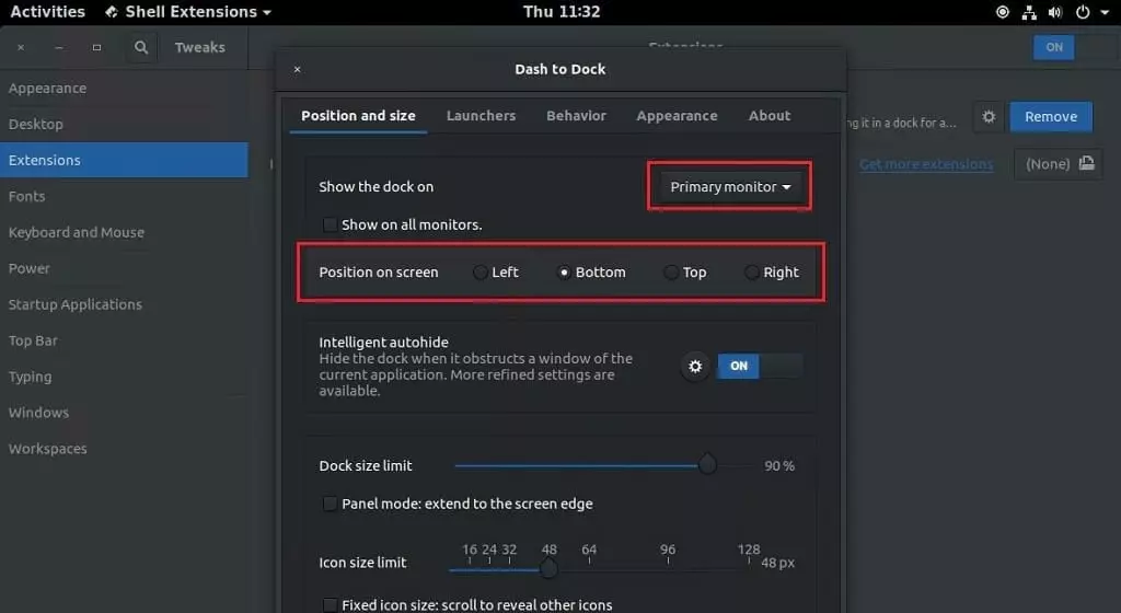 GNOME Shell Dash a dokkolóhoz