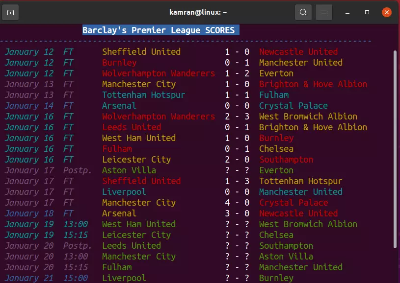 LiveScore-CLI no Ubuntu 20.04: obtenha resultados da Premier League e do futebol 8800_10