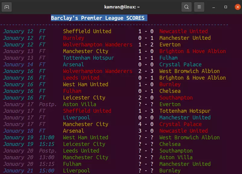 LiveScore-CLI no Ubuntu 20.04: obtenha resultados da Premier League e do futebol 8800_11