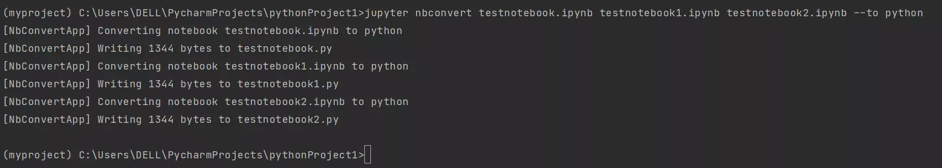 Эта команда преобразует все записные книжки в файлы Python (.py) один за другим, отображая имена файлов.