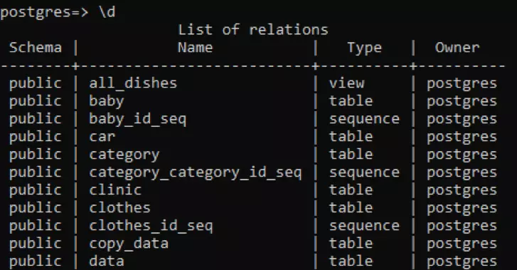 Hvordan beskriver jeg en tabel i PostgreSQL? 9133_2