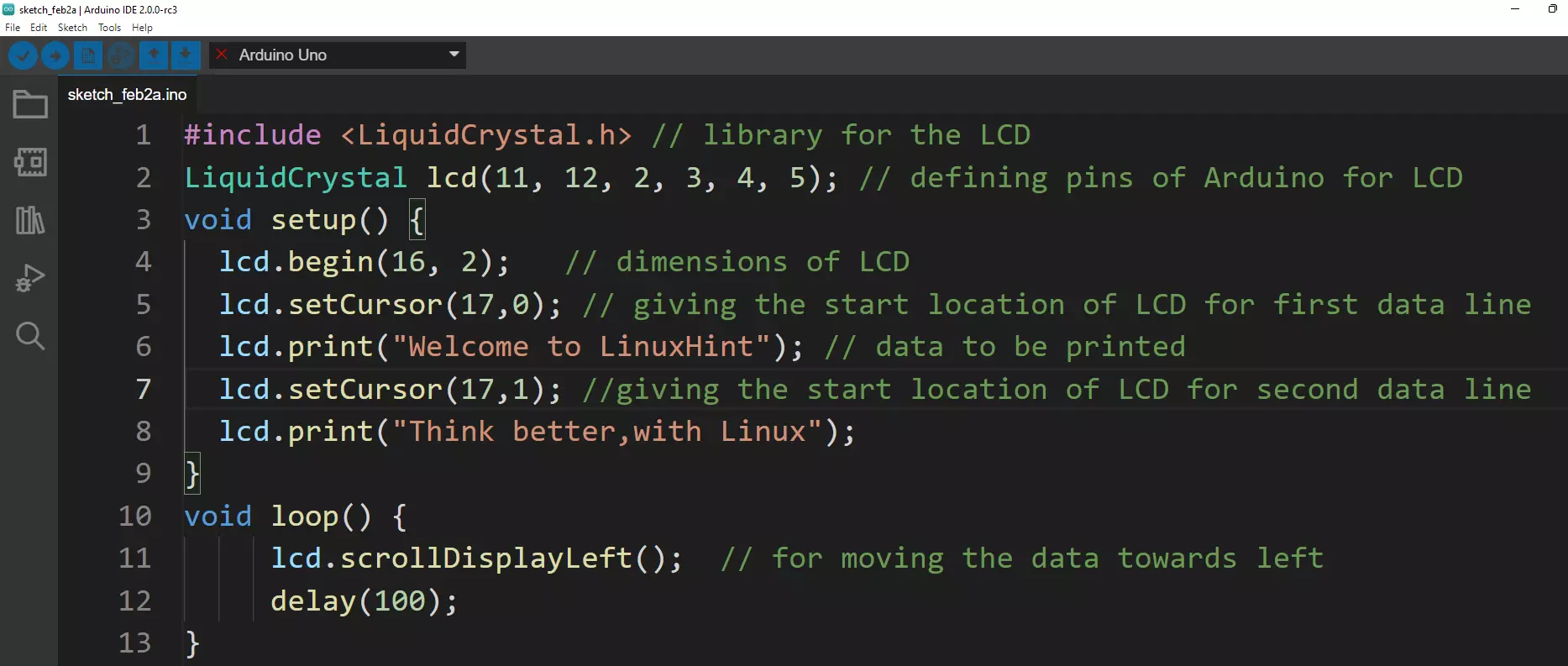 Como usar os métodos scrolldisplayleft e scrolldisplayright no Arduino 9258_1